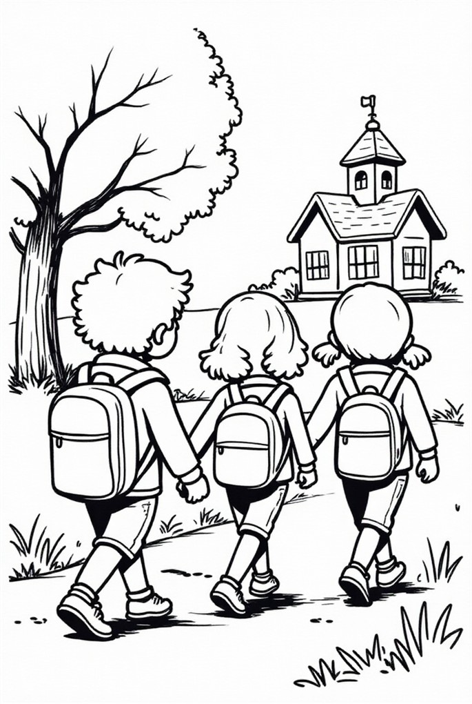 Dibujo para colorear de Volver a la escuela que muestra a tres niños con