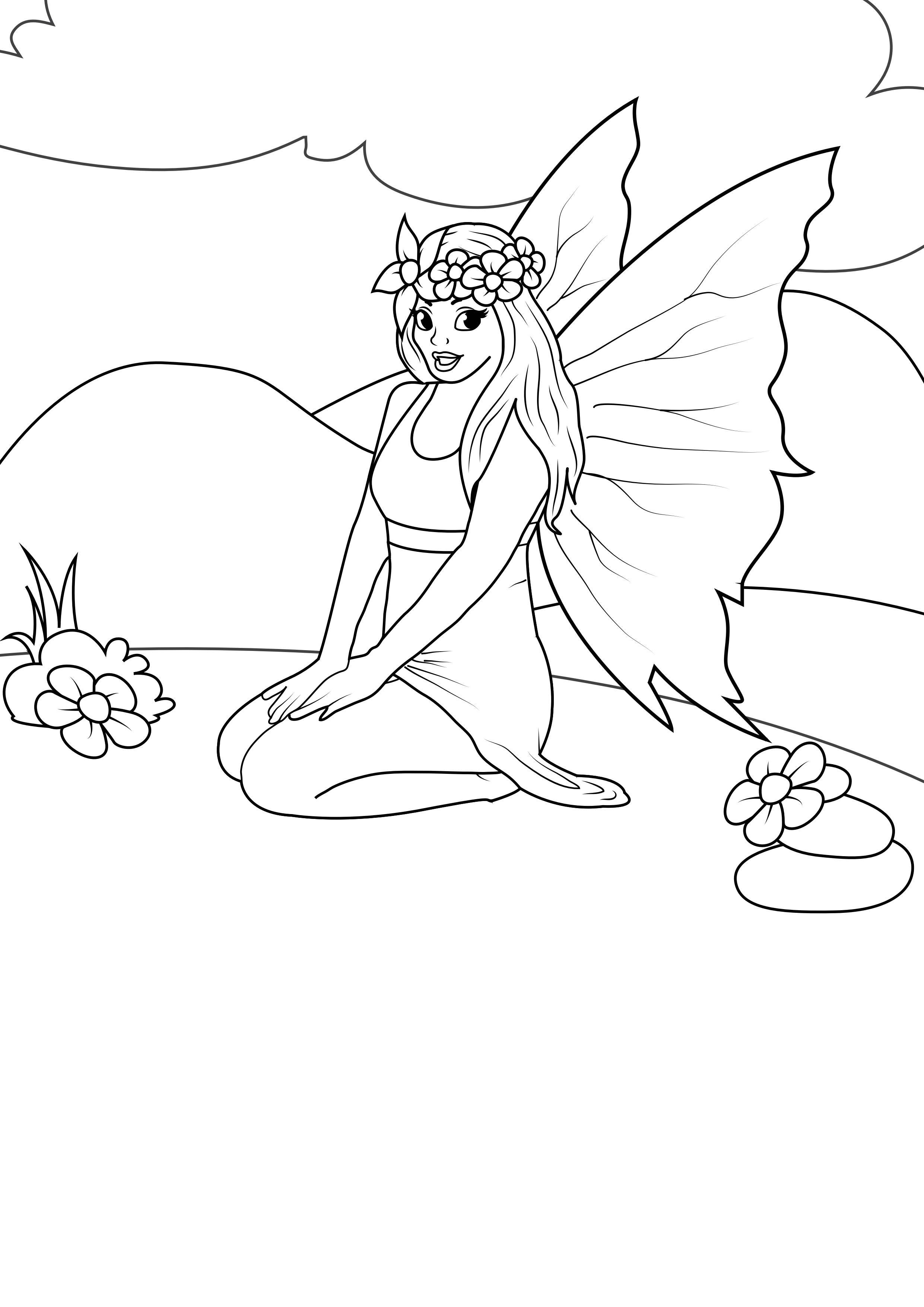 Dibujo para colorear de un hada sentada con grandes alas y una corona ...