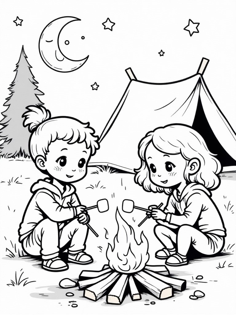 Dibujo para colorear de una fogata con malvaviscos que muestra a dos niños