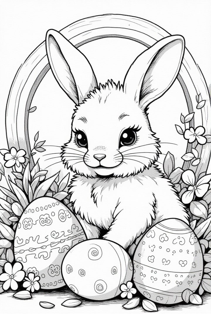 Dibujo de Conejito de Pascua en el jardín con huevos de Pascua. Para ...